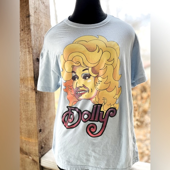 Tops | Dolly Parton Caricature Portrait Print Pastel Blue Graphic Crew ...